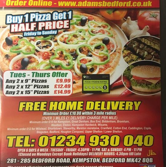 Menu at Adams pizza & kebab restaurant, Bedford