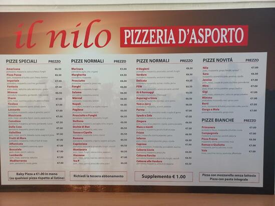 Menu da Pizzeria D' Asporto Il Nilo, Concesio