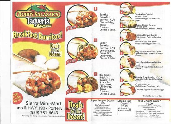 Menu at Bobby Salazar's Express restaurant, Porterville