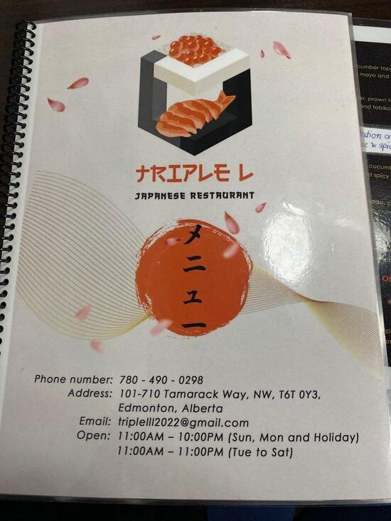 Carta de Triple L Japanese Restaurant, Edmonton