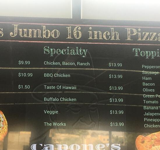 Menu at Capone's Pizza Company restaurant, Mount Dora