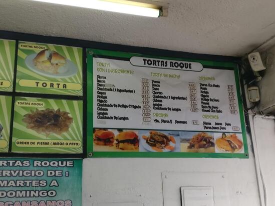 Menu at Tortas Roque restaurant, Veracruz, Calz Juan Pablo II 1633