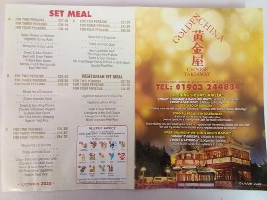 Menu at Golden China restaurant, Worthing