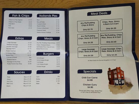 Menu at The Village Chippy restaurant, Manchester, Third Ave