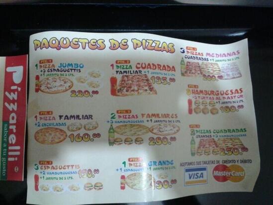 Menu at pizzarelli pizzeria, Mexico City, Playa Azul 387