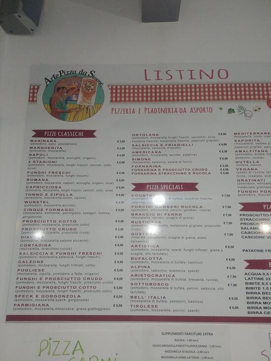 Menu at Arte Pizza restaurant, San Clemente