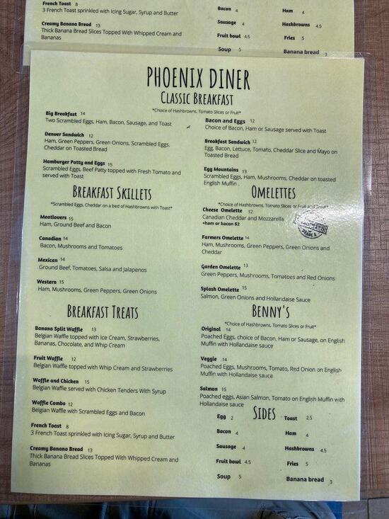 Menu at Phoenix Diner restaurant, Edmonton