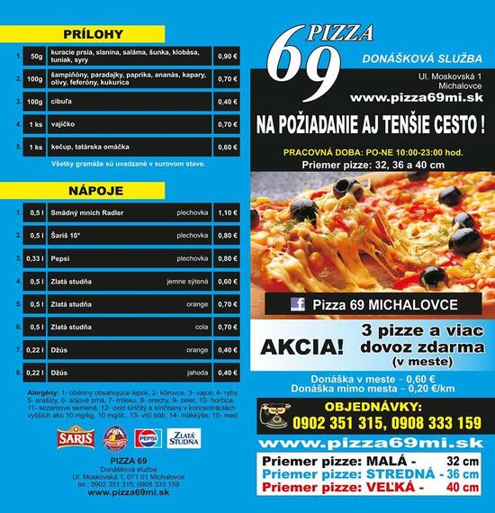 Menu at Pizza 69 pizzeria, Michalovce