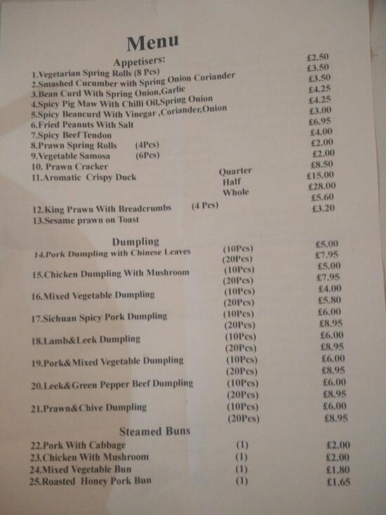 Carta de Chinese Tea Bar, Londres