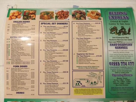 Menu at Beijing Express restaurant, King's Lynn