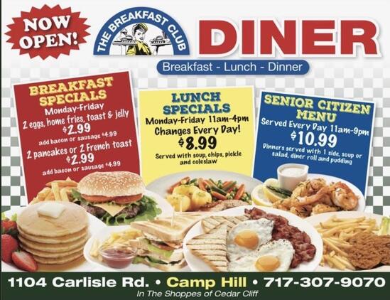 Menu at The Breakfast Club Diner, Camp Hill