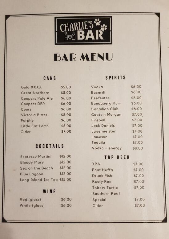 Menu at Charlies Bar, Gladstone Central