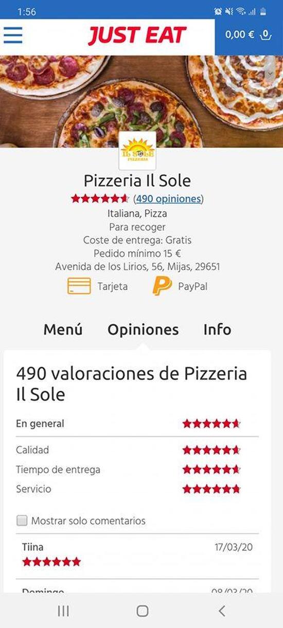 Menu at Pizzeria Il Sole, Las Lagunas de Mijas
