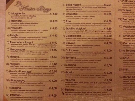 Menu at Donna Sofia pizzeria, Naples