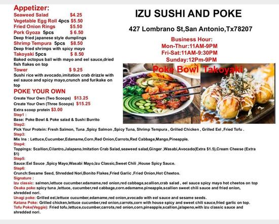 Menu at Izu sushi and poke restaurant, San Antonio