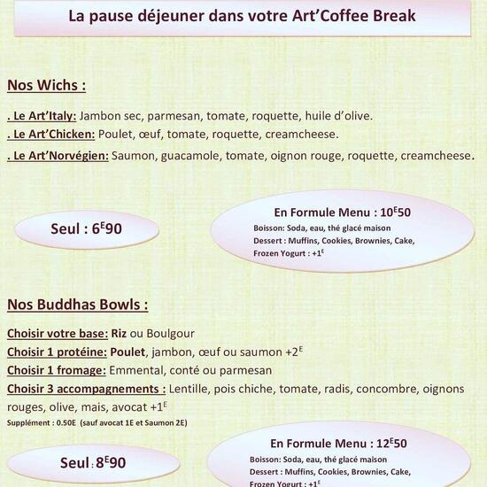Menu at Art' Coffee Break cafe, Marmande