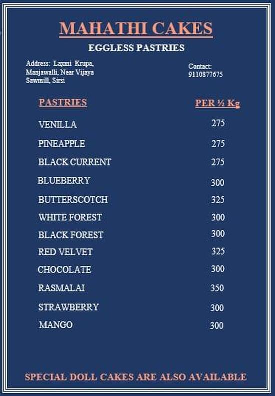 Mahati Cakes, Sirsi - Restaurant menu, prices and reviews