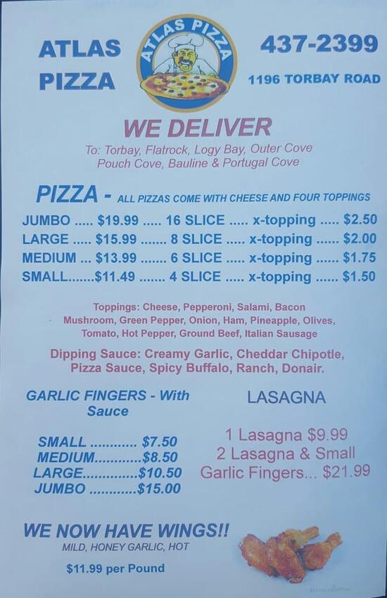 Menu at Atlas Pizza pizzeria, Torbay