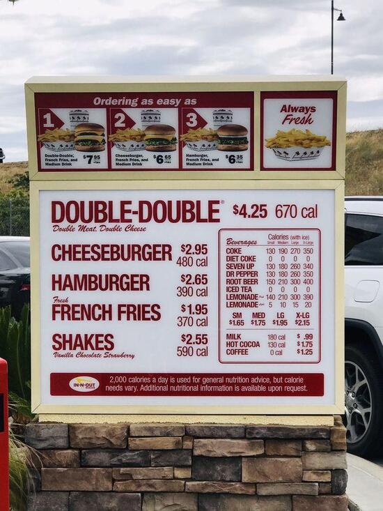 Menu at In-N-Out Burger fast food, Rocklin, Crossings Dr