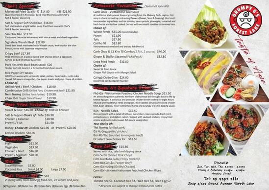 Menu at Grumpy G's Taste of Asia restaurant, Forest Lake