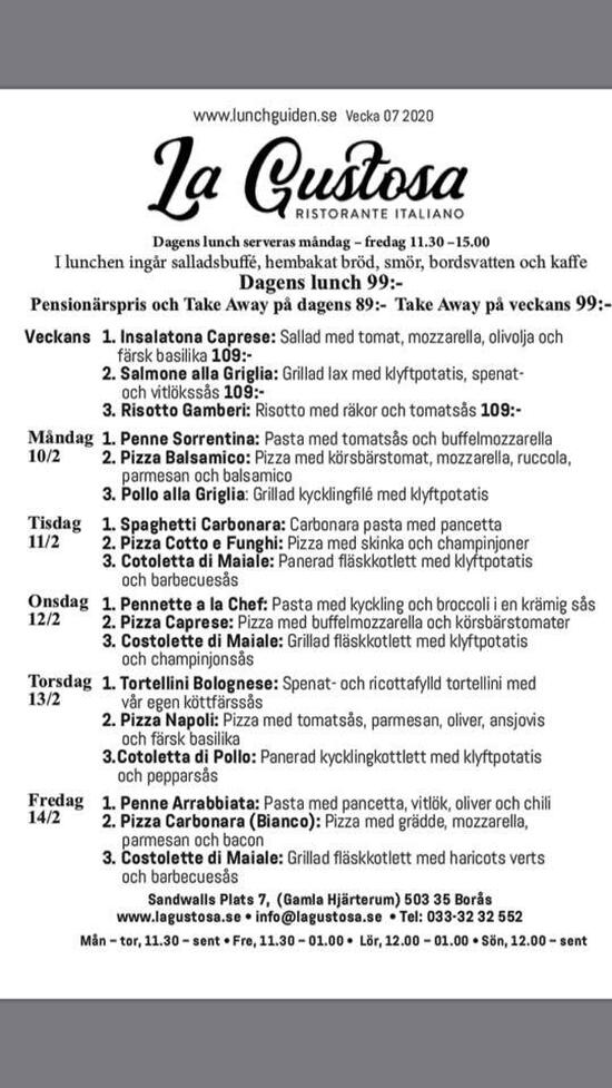 Menu at La Gustosa restaurant, Borås