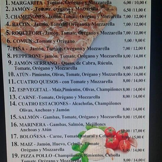 Menu at Pizzeria Montse, Barcelona