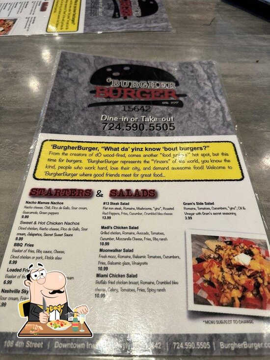 Menu at Burgher Burger restaurant, Irwin