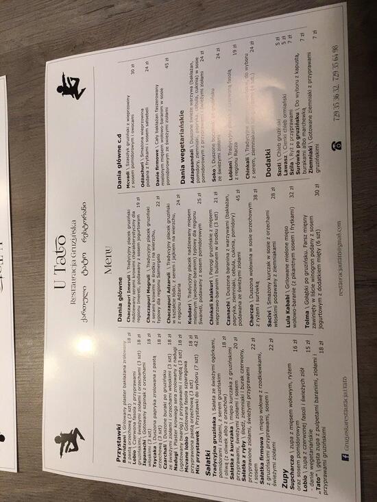 Menu at U TATO restaurant, Warsaw