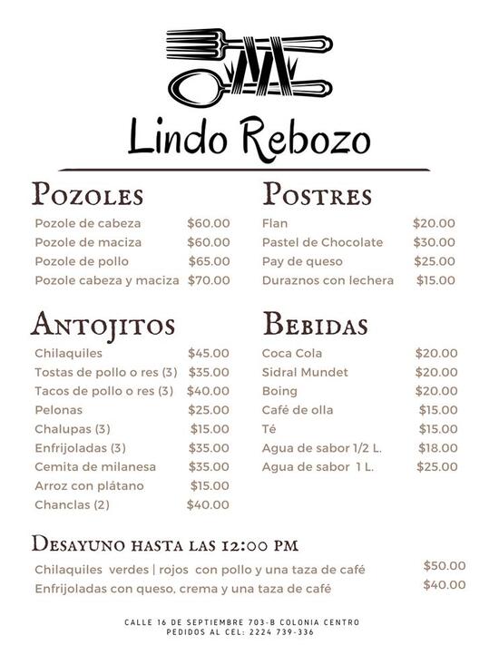 Menu at Lindo Rebozo restaurant, San Baltazar Tetela
