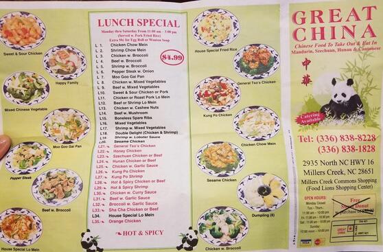 Menu at Great China restaurant, Millers Creek, NC-16