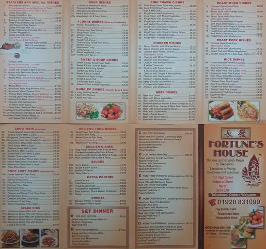 Menu at Fortune's House Chinese fast food, Watton at Stone
