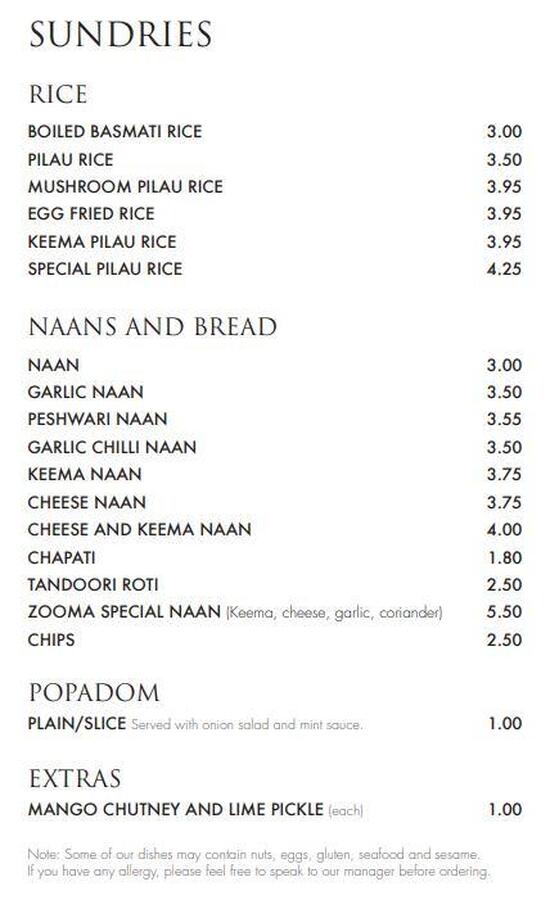 Menu at Zooma restaurant, Wolverhampton