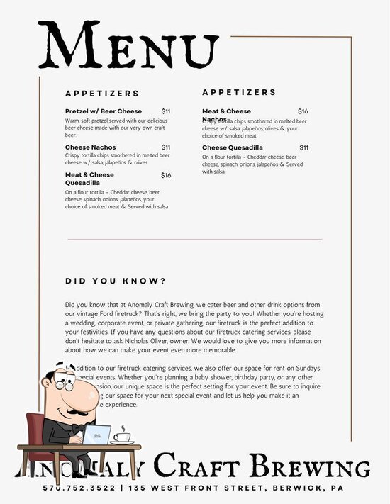Menu at Anomaly Craft Brewing pub & bar, Berwick