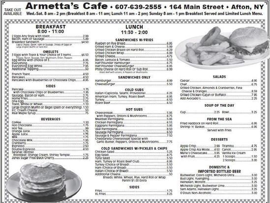 Menu at Armetta's Cafe, Afton