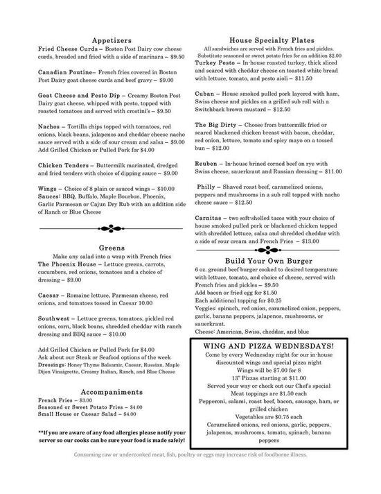 Menu at Phoenix House 1835 restaurant, Berkshire