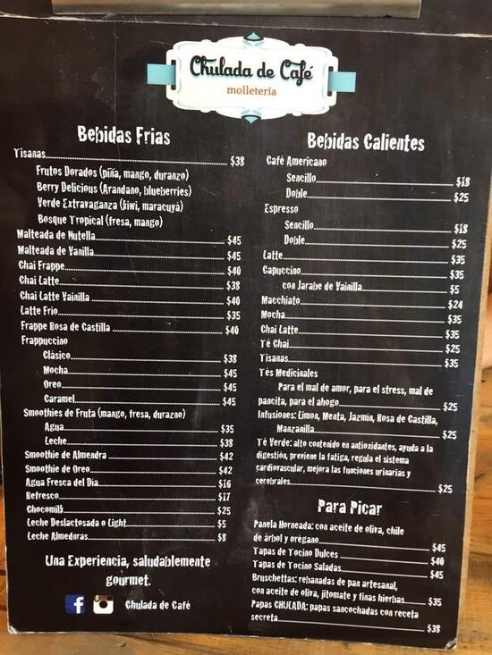 Menu at Chulada de Café, Guadalajara