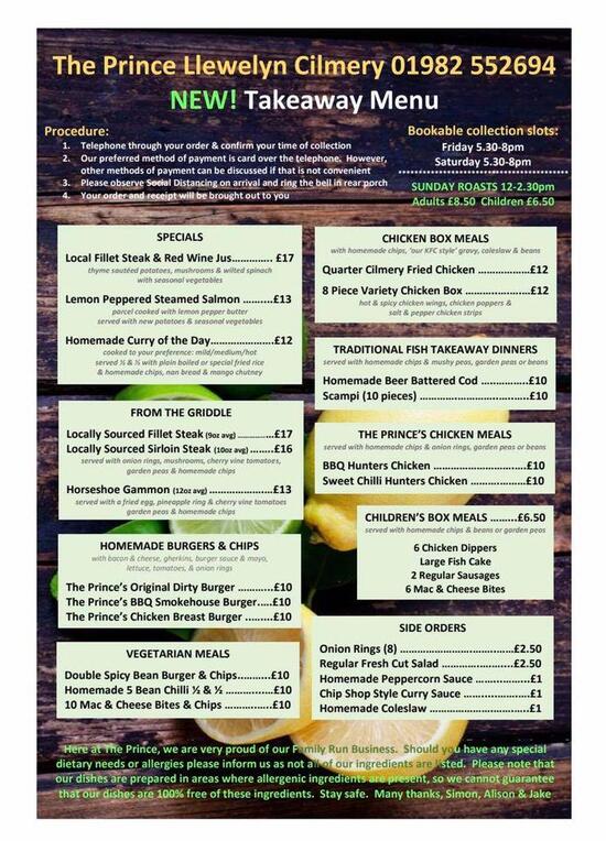 Menu at The Prince Llewelyn pub & bar, England
