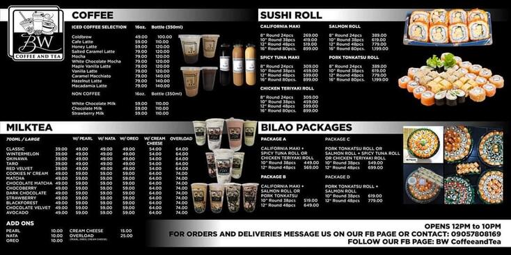 Menu at BW Coffee & Tea, Malabon