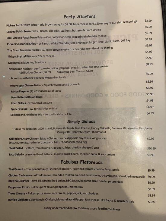 Menu at Pickers Pub & Grub, Brownsville