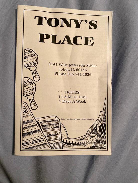 Menu at Tony's Place restaurant, Joliet, W Jefferson St