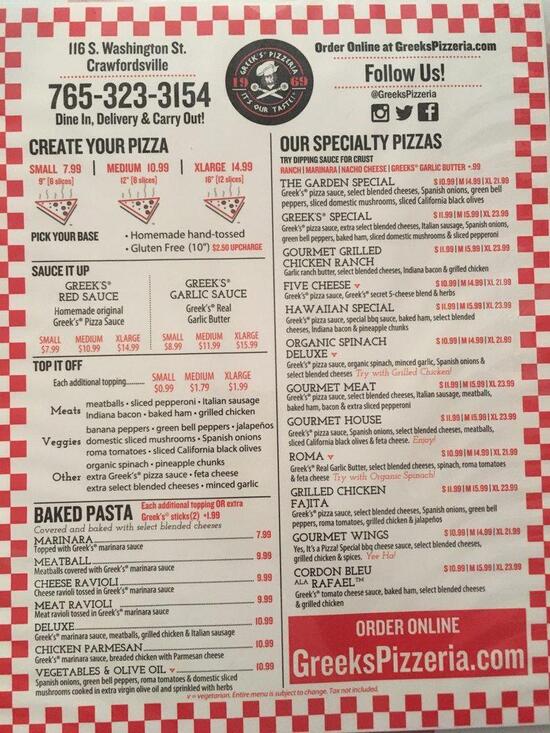 Menu at Greek's Pizzeria, Crawfordsville