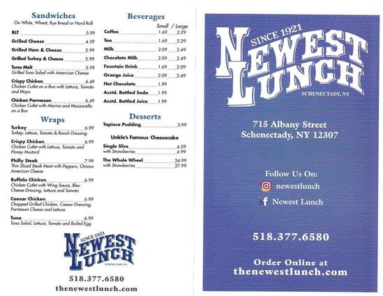 Menu at Newest Lunch pizzeria, Schenectady, 715 Albany St
