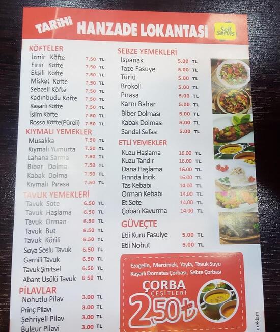 Menu at Hanzade Lokantası, Istanbul