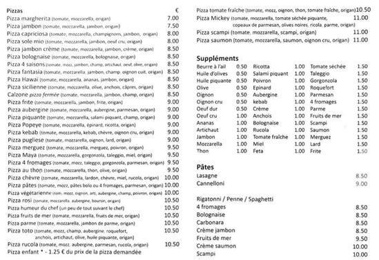 Menu at Pizzeria Chez Toto, Soumagne