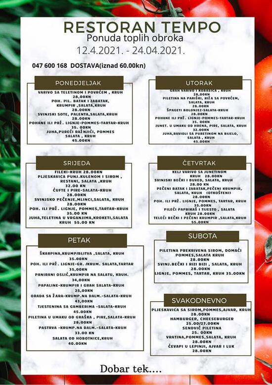 Menu at Restoran Tempo restaurant, Karlovac