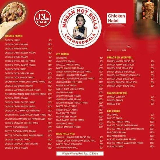 Menu at Nissan Hot Roll, Mumbai, Lokhandwala