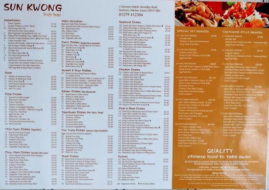 Menu at Sun Kwong Fish Bar & Chinese Takeaway, Harlow
