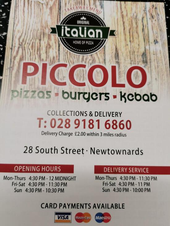 Menu at Piccolo Pizzeria, Newtownards