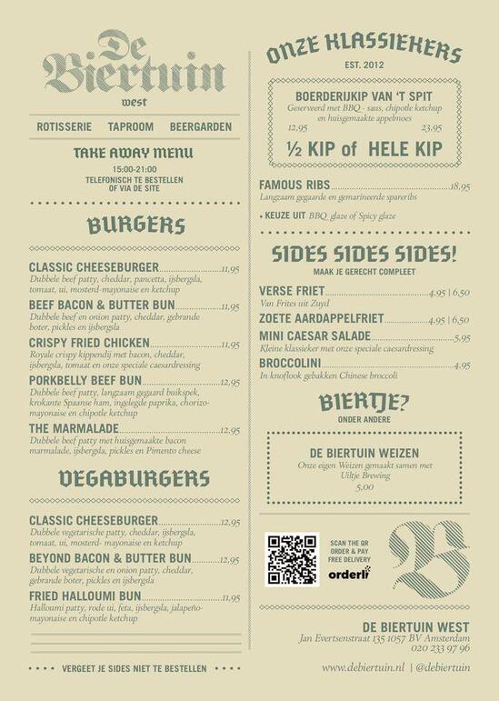 Menu at De Biertuin West, Amsterdam, Jan Evertsenstraat 135