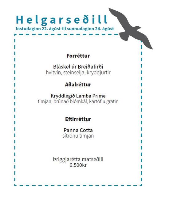 Menu at Fosshotel Westfjords restaurant, Patreksfjörður